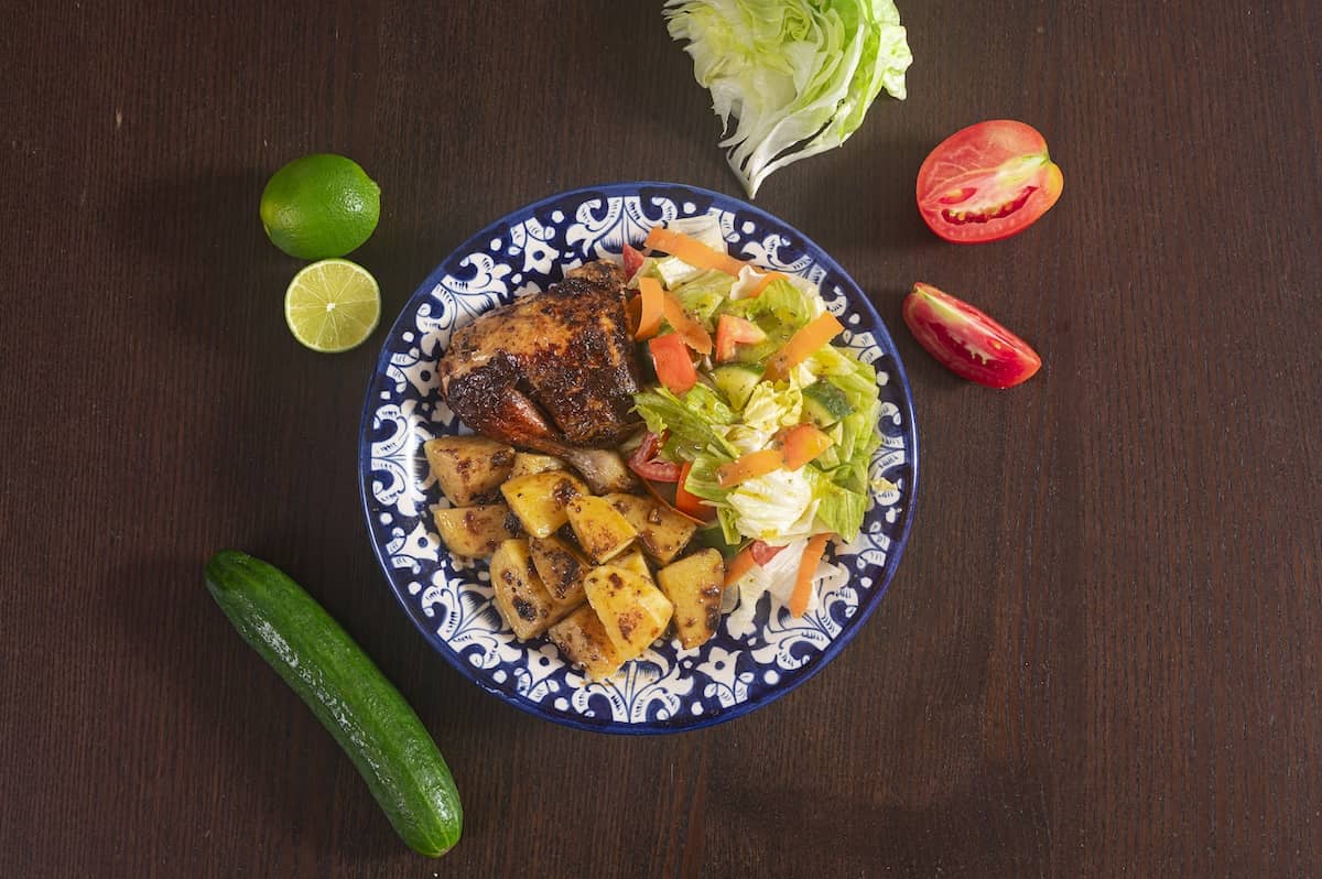 ¼ Chicken, sautéed potatoes & mustard herb salad